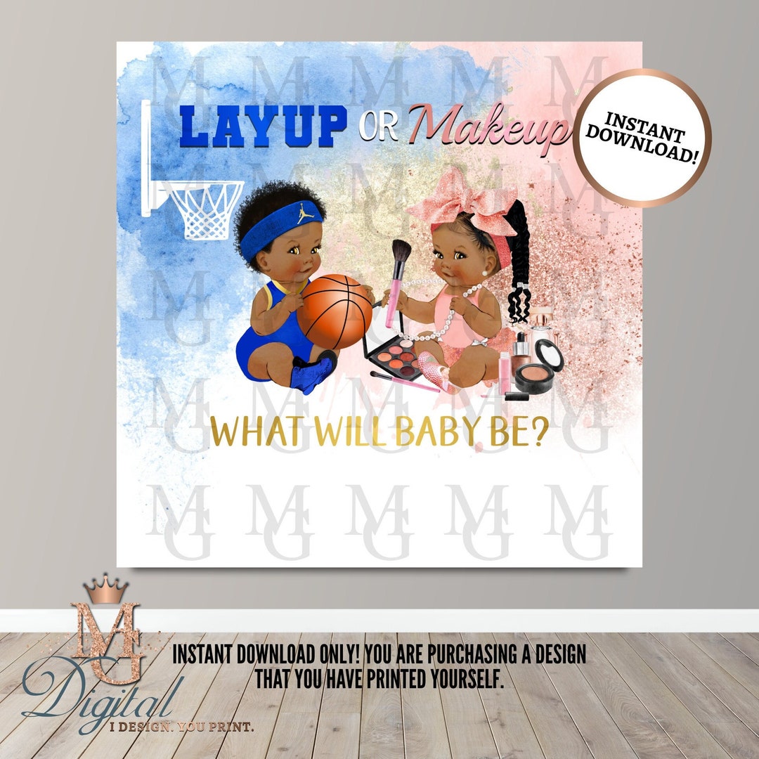 Layup or Makeup Gender Reveal Backdrop: Royal Blue & Rose Gold (digital ...