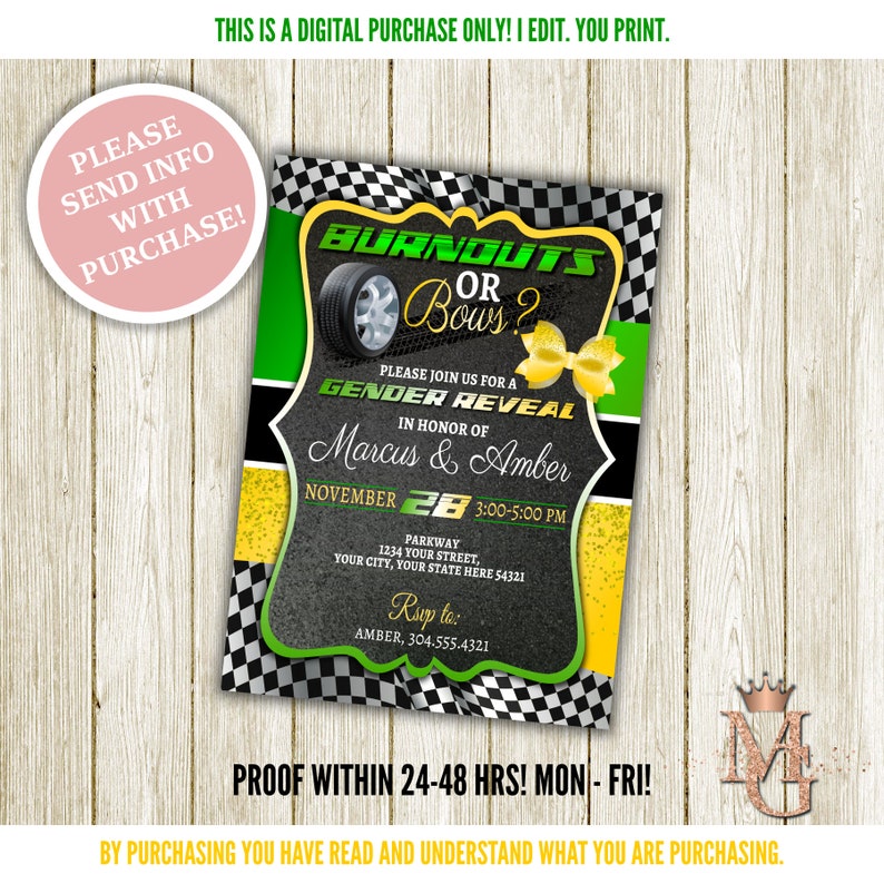 Burnouts Or Bows Gender Reveal Invitation Racing Gender Etsy