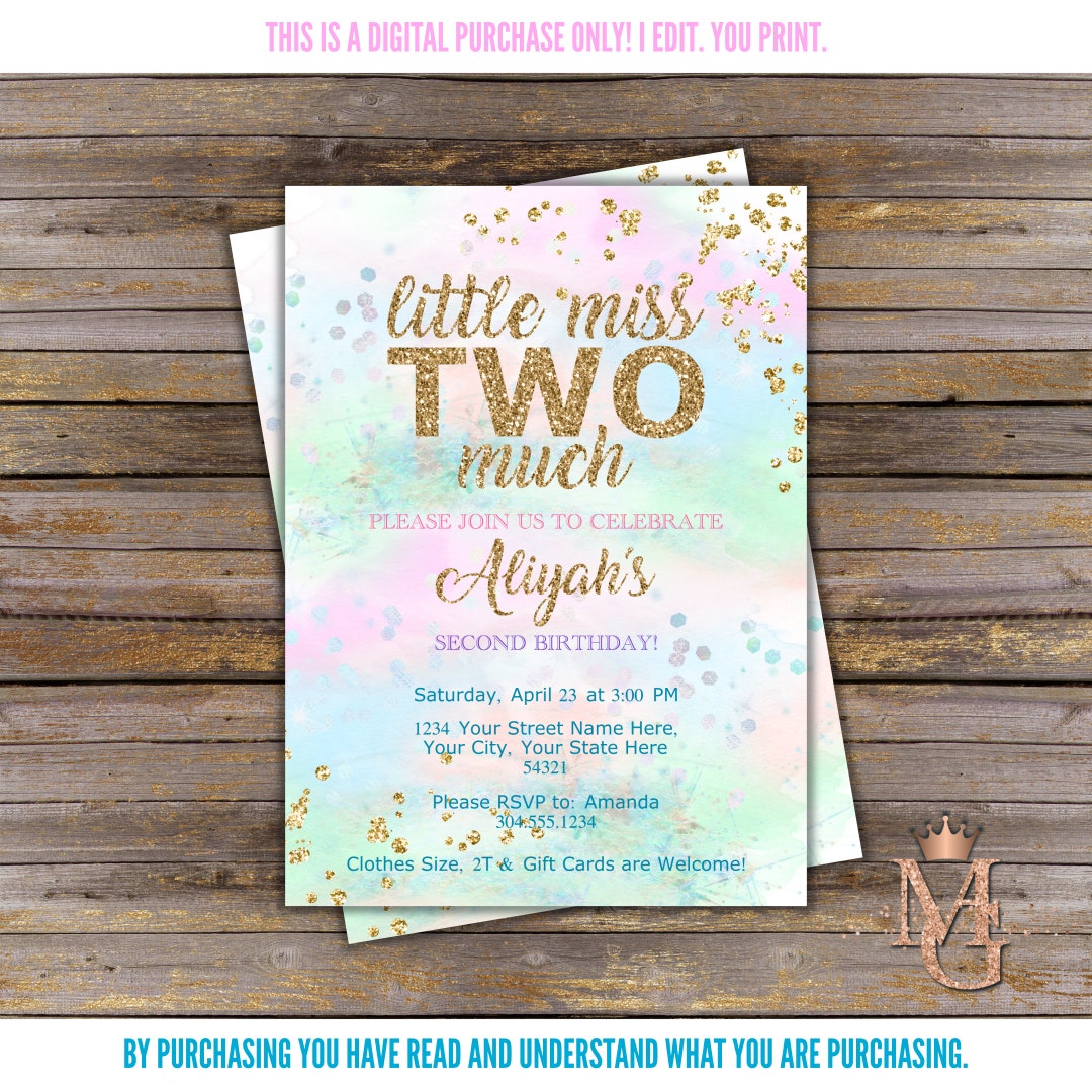 Little Miss Two Much Birthday Invitation: Girl Second Birthday (edited ...