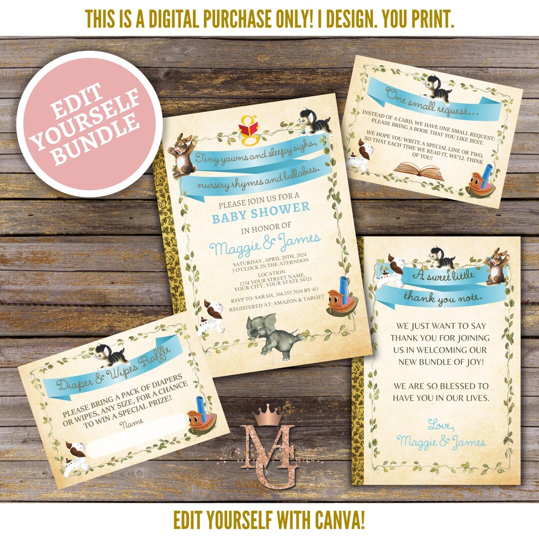 Little Golden Book Baby Shower Invitation Set: Blue, Editable Canva ...