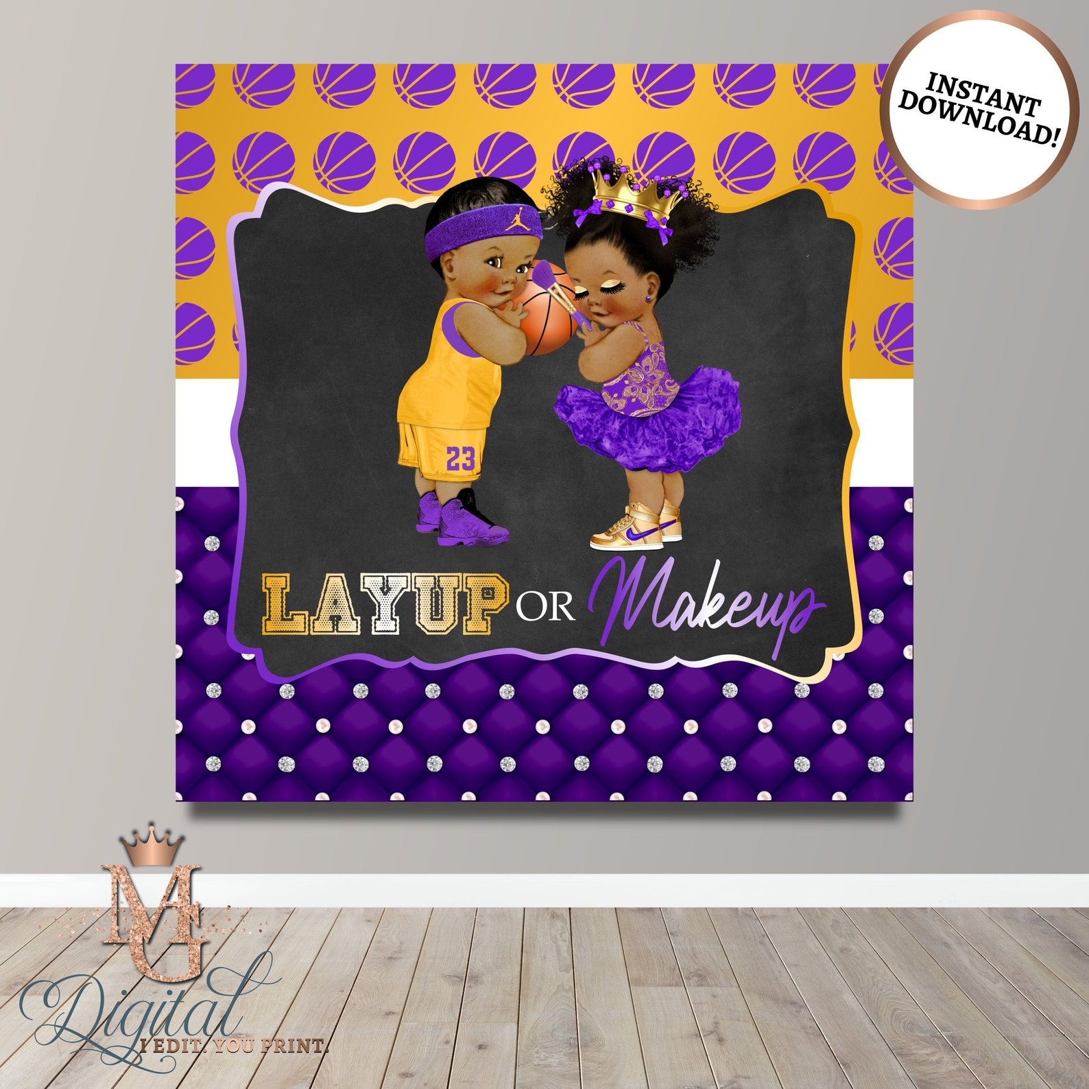 Layup or Makeup Gender Reveal Backdrop: Purple and Gold (digital File ...