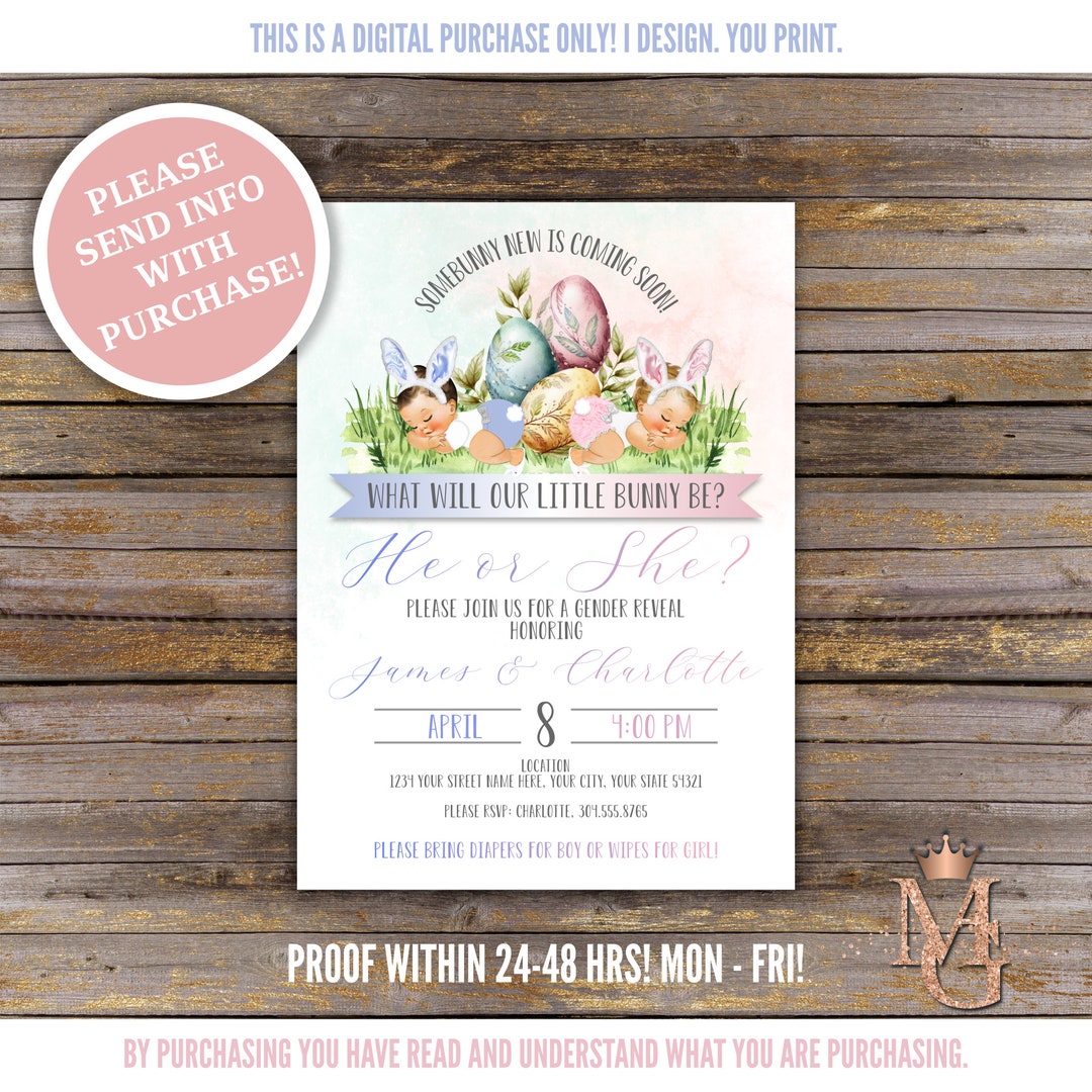Easter Gender Reveal Invitation Bunny Gender Reveal Easter Invitation ...