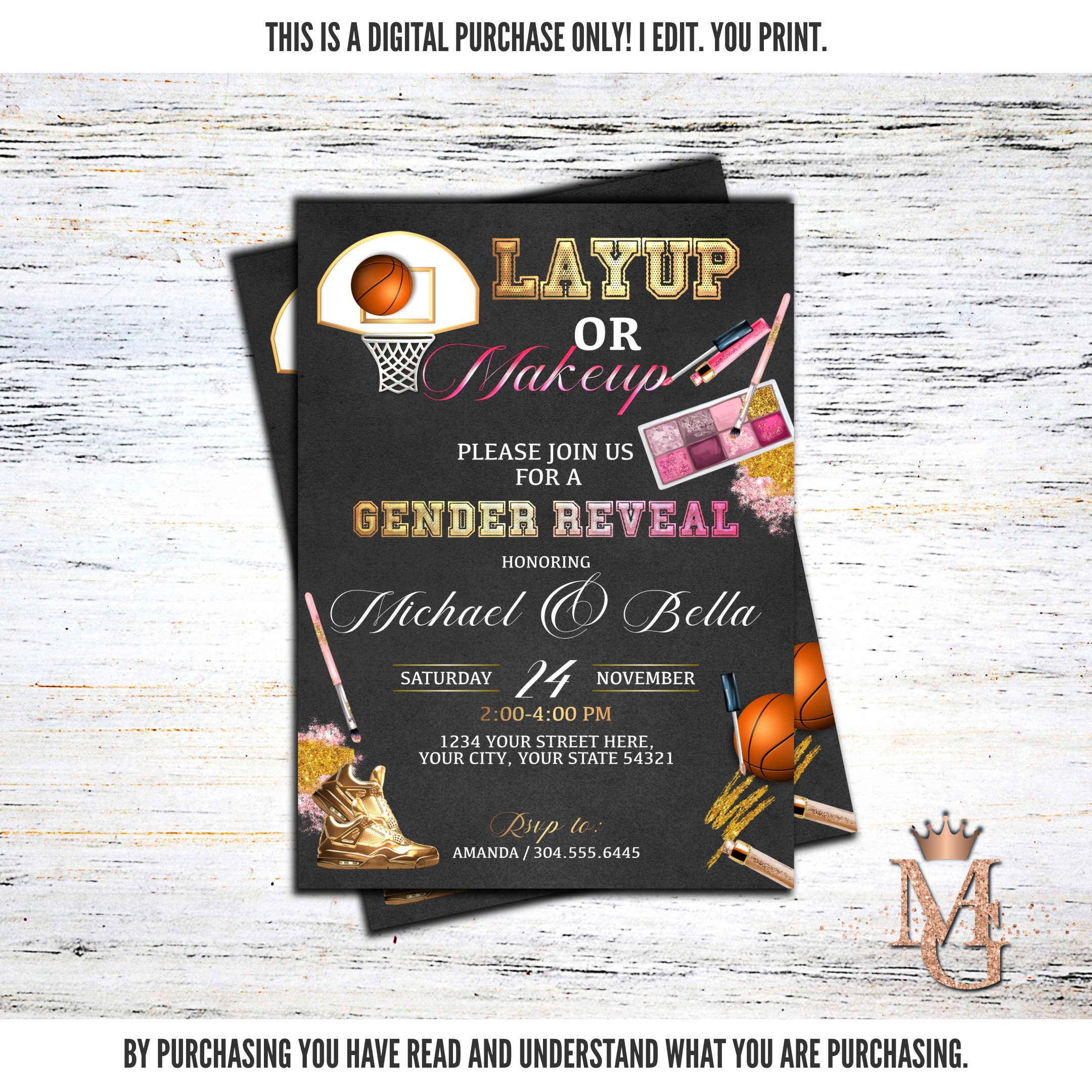 Layup or Makeup Gender Reveal Invitation Gold and Dark Pink | Etsy