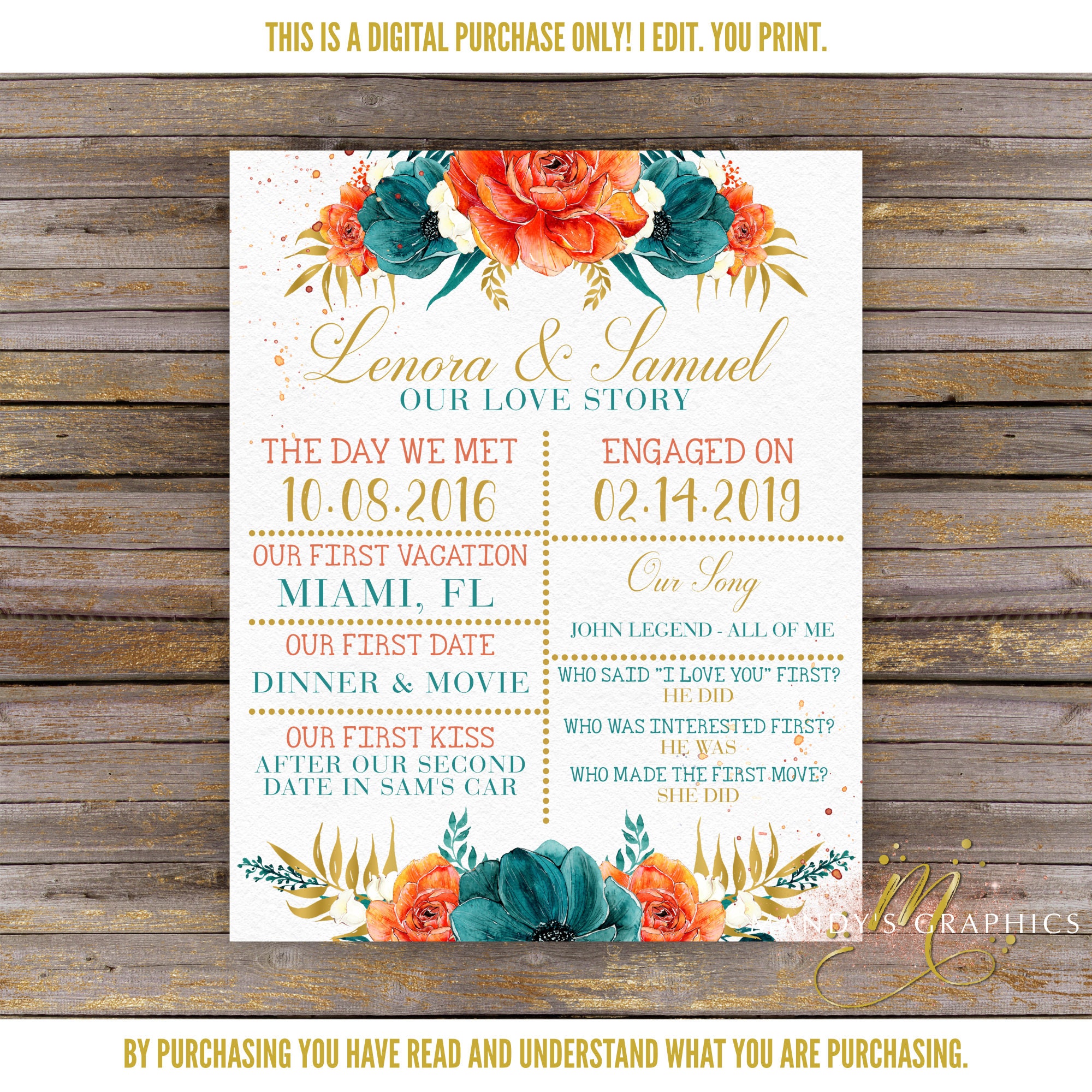 Orange and Teal Wedding Sign! Love Story Board! Couples Sign! - Etsy