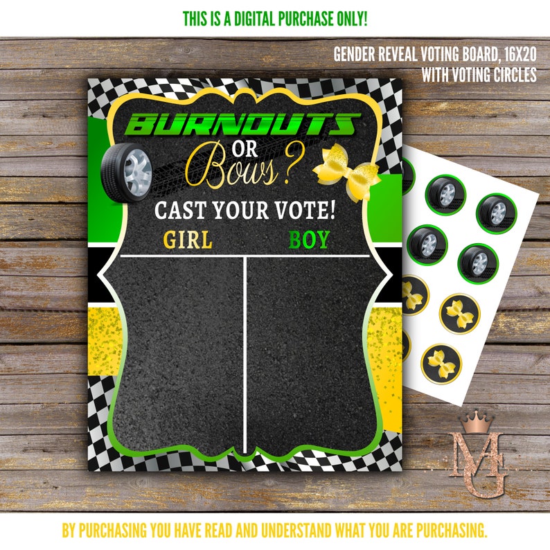 Burnouts or Bows Gender Reveal Vote Board! Green and Yellow! 16x20 - Etsy