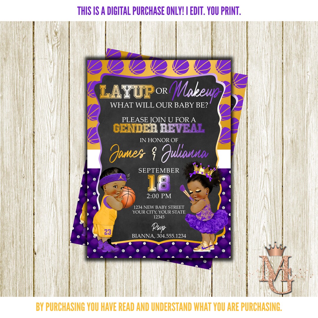 Layup or Makeup Gender Reveal Invitation! Yellow Gold and Purple ...