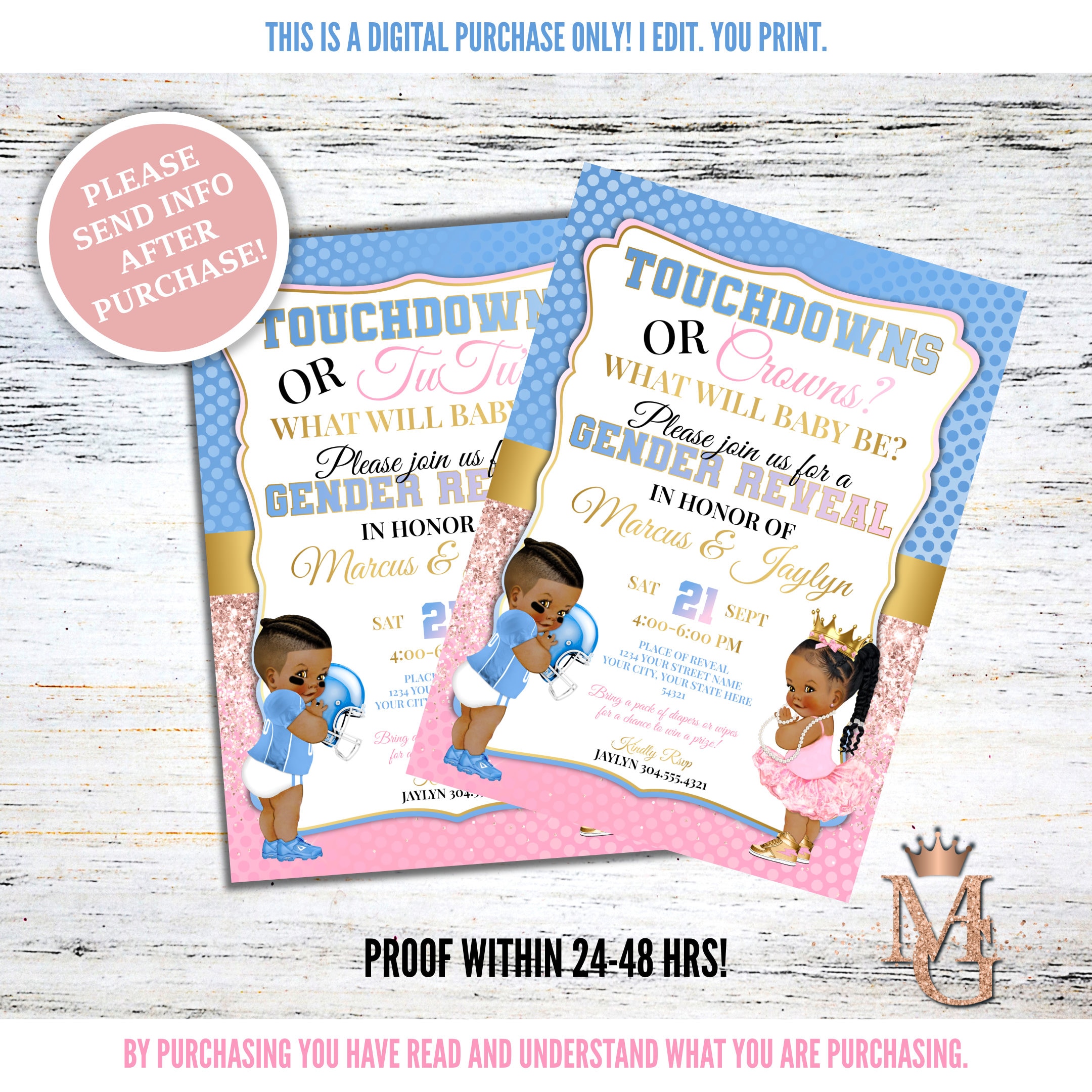 Touchdowns or Tutus Gender Reveal Invitation: Pink, Blue, Gold (digital ...