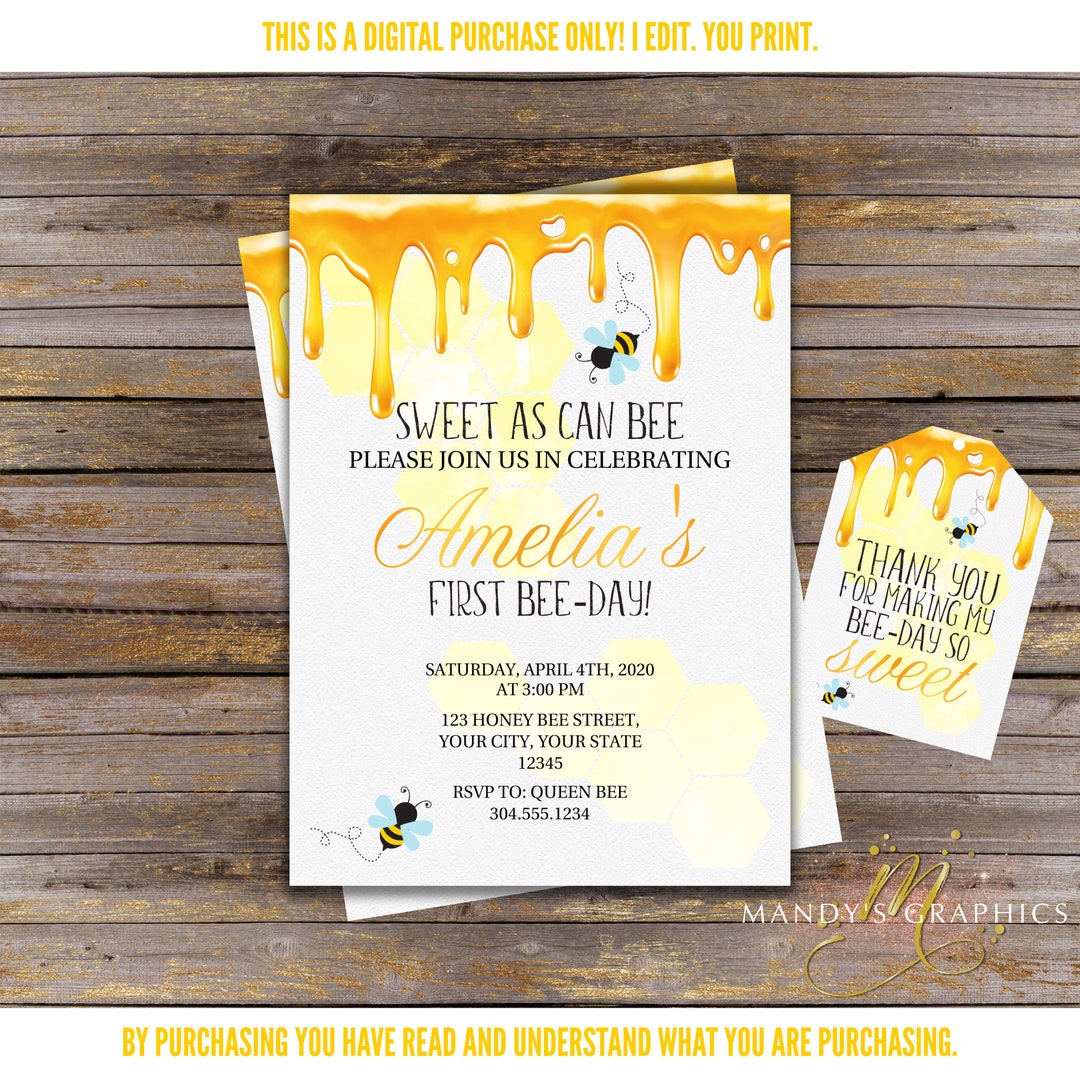 ¡Invitación de cumpleaños de abeja de miel! ¡Etiqueta de regalo ...