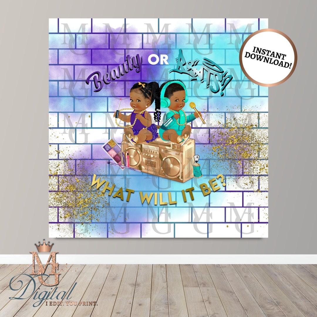 Beauty or Beats Gender Reveal Backdrop: Purple Teal Design (digital ...
