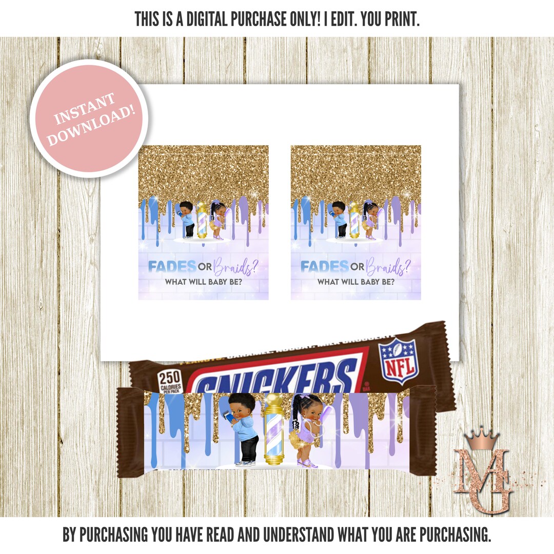 Fades or Braids Gender Reveal Candy Bar Wrapper Template! Instant ...