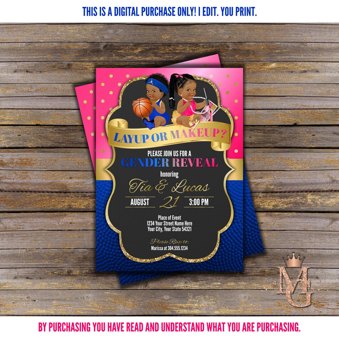 Layup or Makeup Gender Reveal Invitation! Royal Blue, Hot Pink and Gold ...