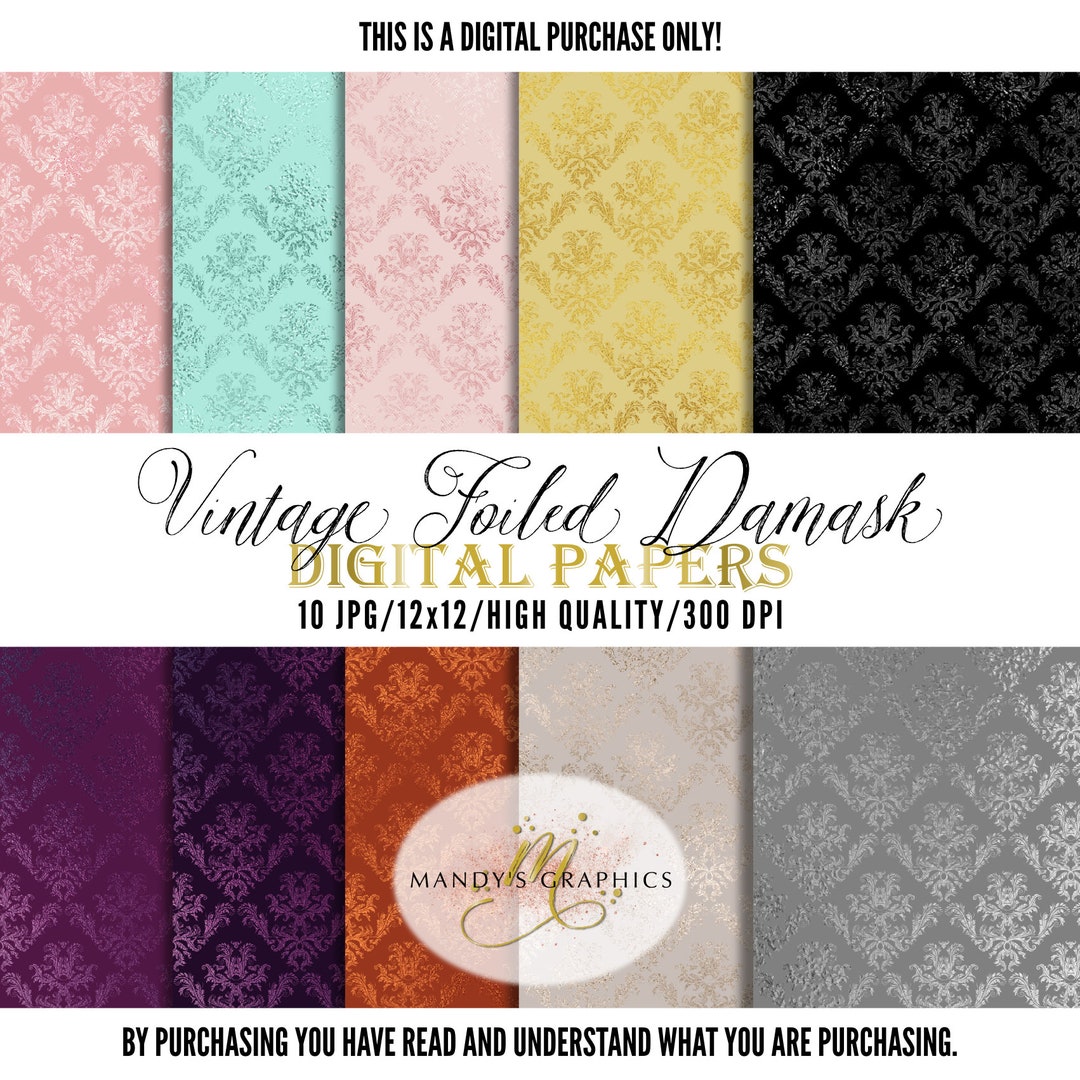 Vintage Damask Foiled Digital Papers, Set of 10, 12x12, JPG Images ...