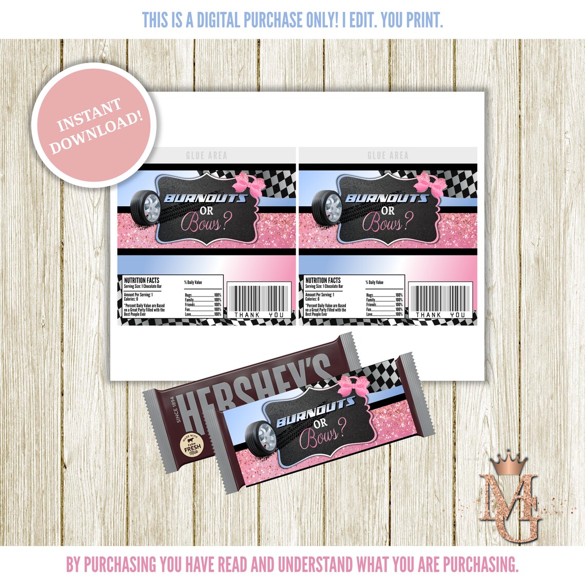 Burnouts or Bows Gender Reveal Candy Bar Wrapper Template - Etsy