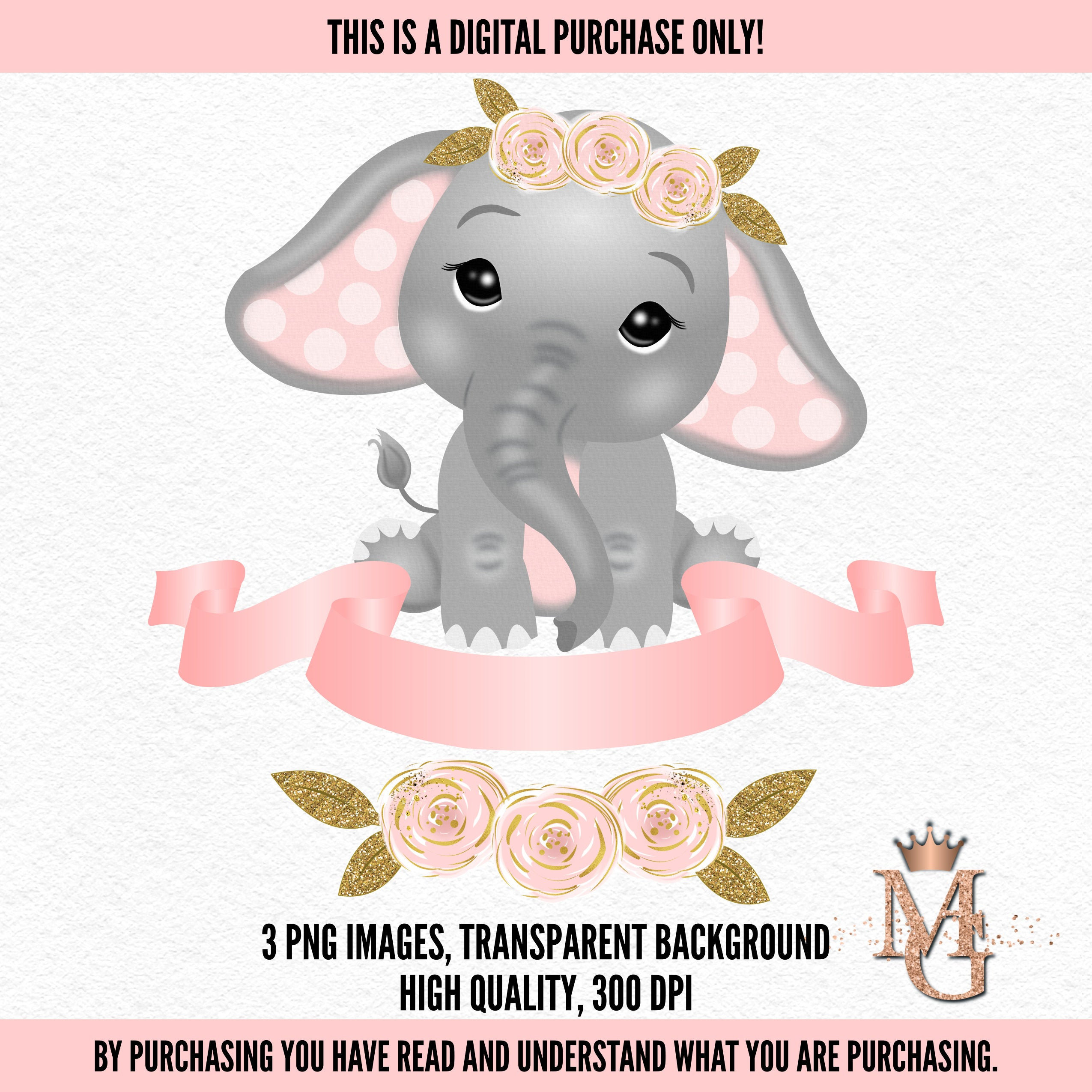 Baby Elephant Princess Clipart: Pink Floral PNG Images (digital ...
