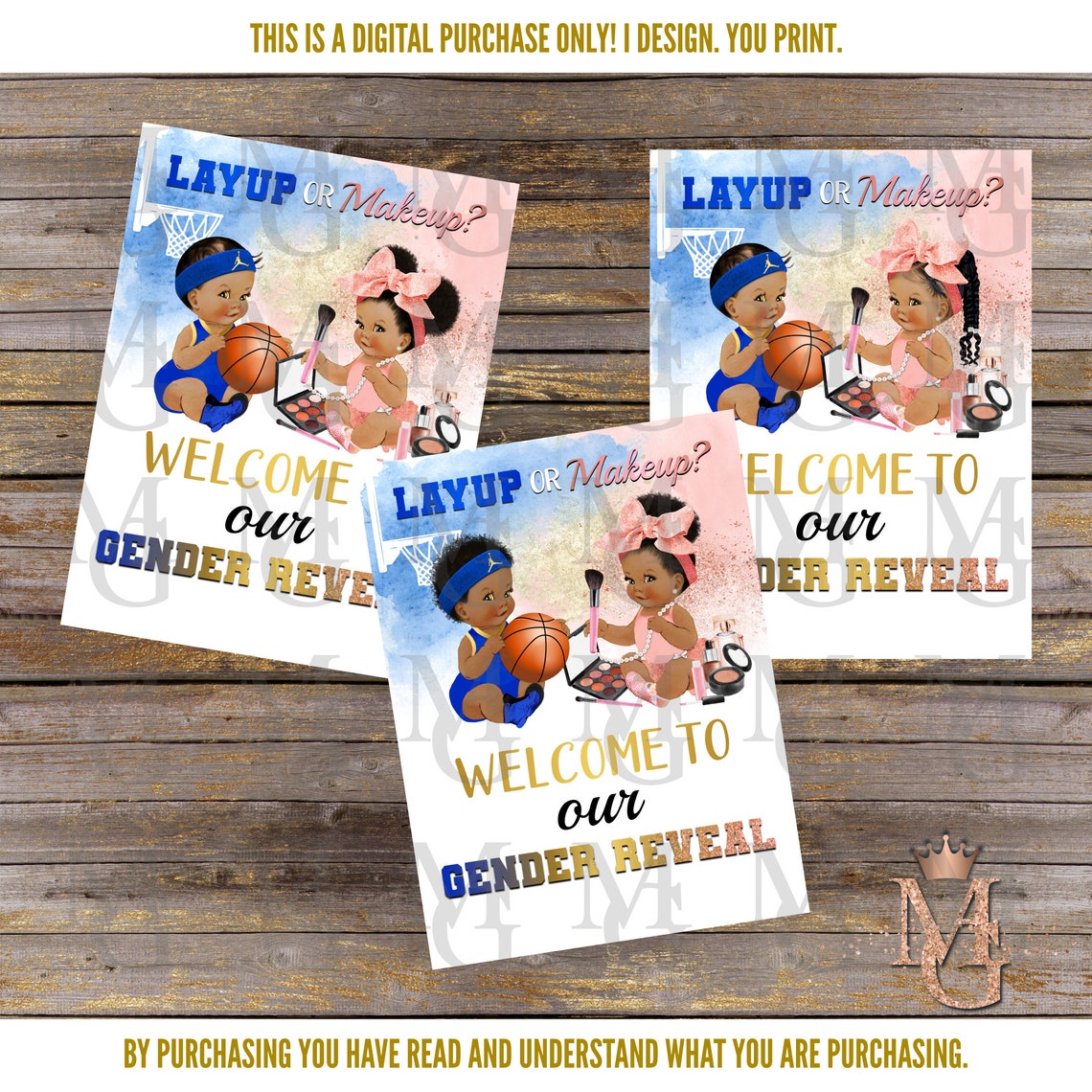 Layup or Makeup Gender Reveal Welcome Sign! Royal Blue, Rose Gold and ...