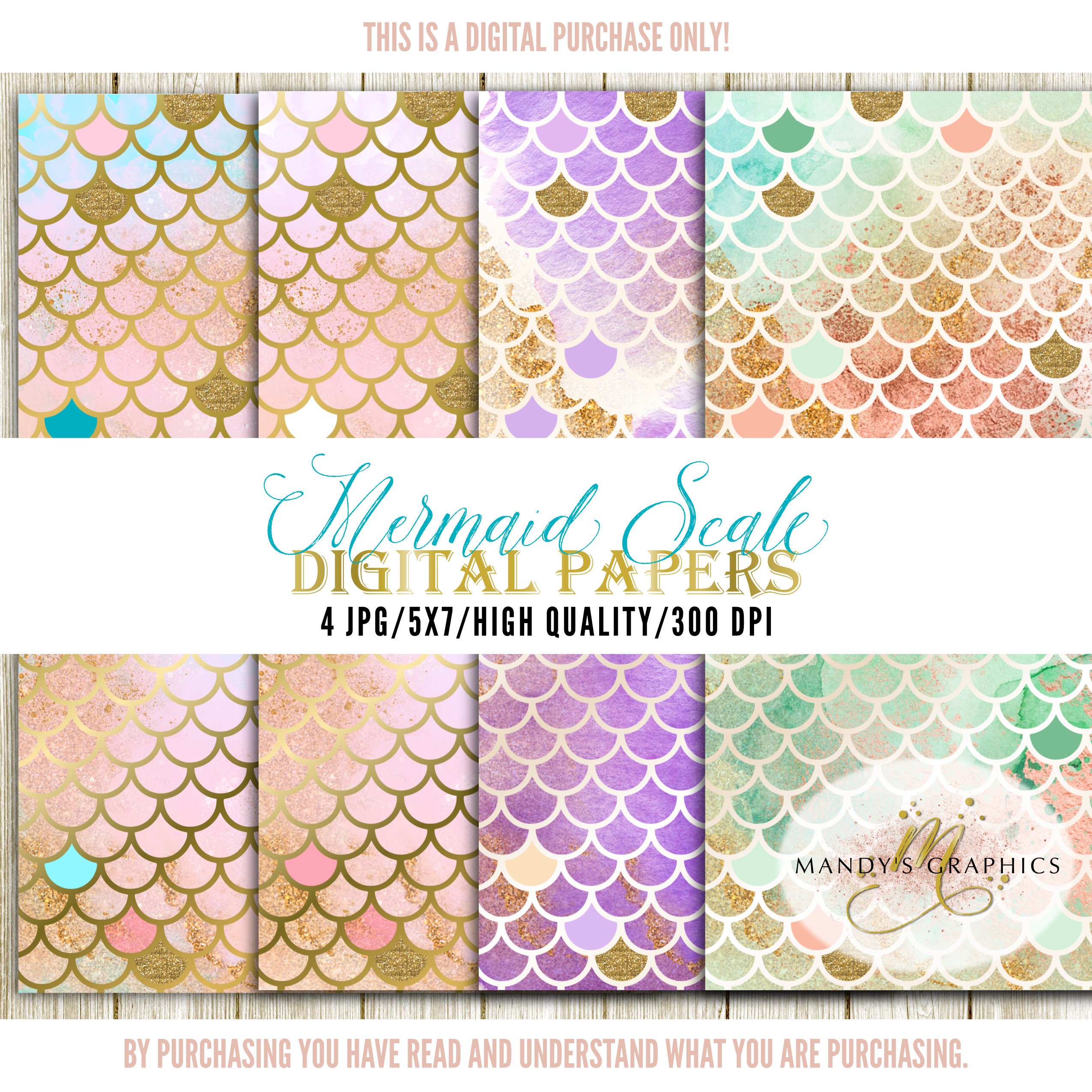 Mermaid Scale Digital Papers Set of 4 5x7 JPG | Etsy