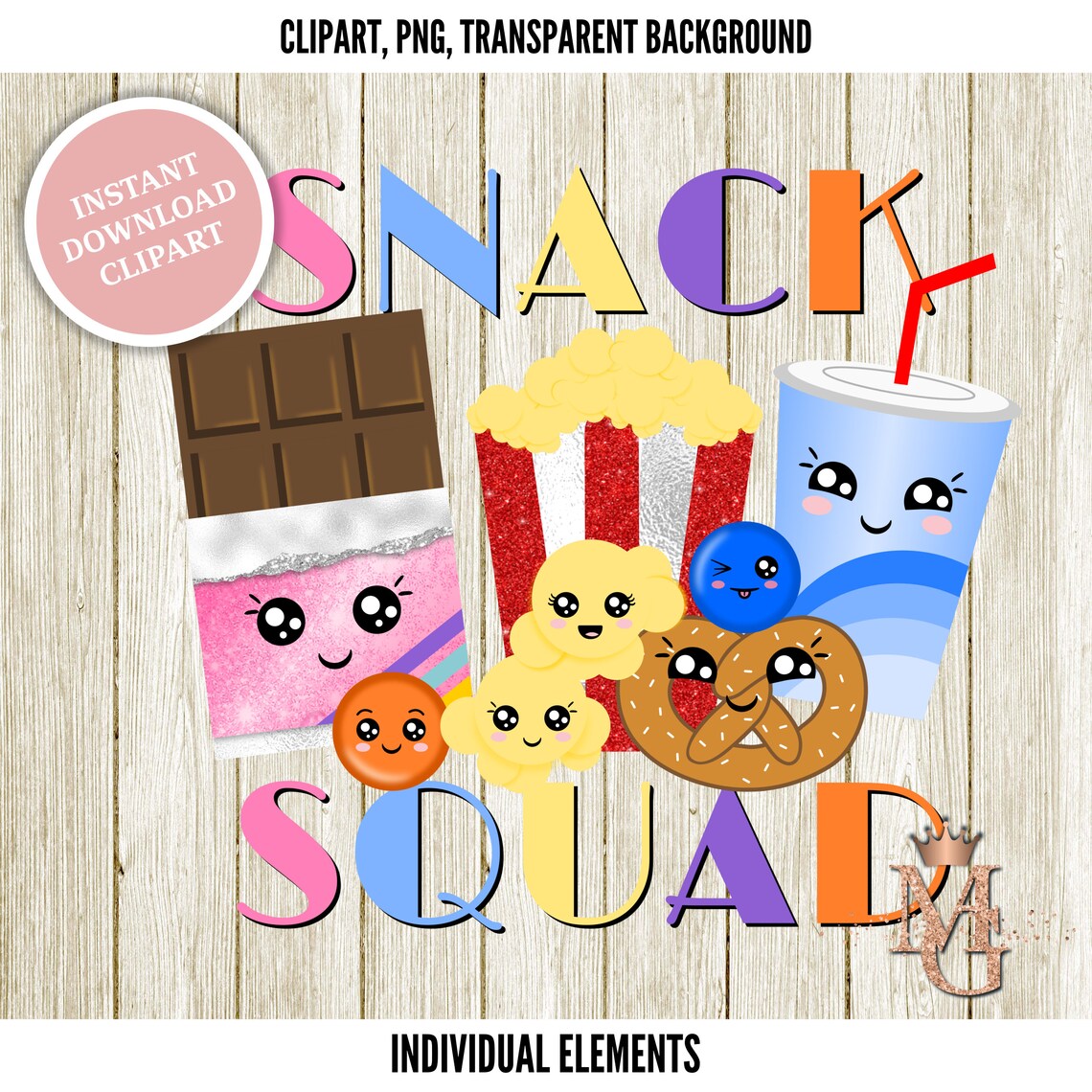 Cute Food Clipart Cute Snacks Clipart Snack Squad Glitter | Etsy