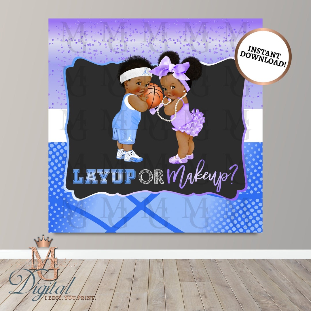 Layup or Makeup Gender Reveal Backdrop: Light Blue & Lavender (digital ...