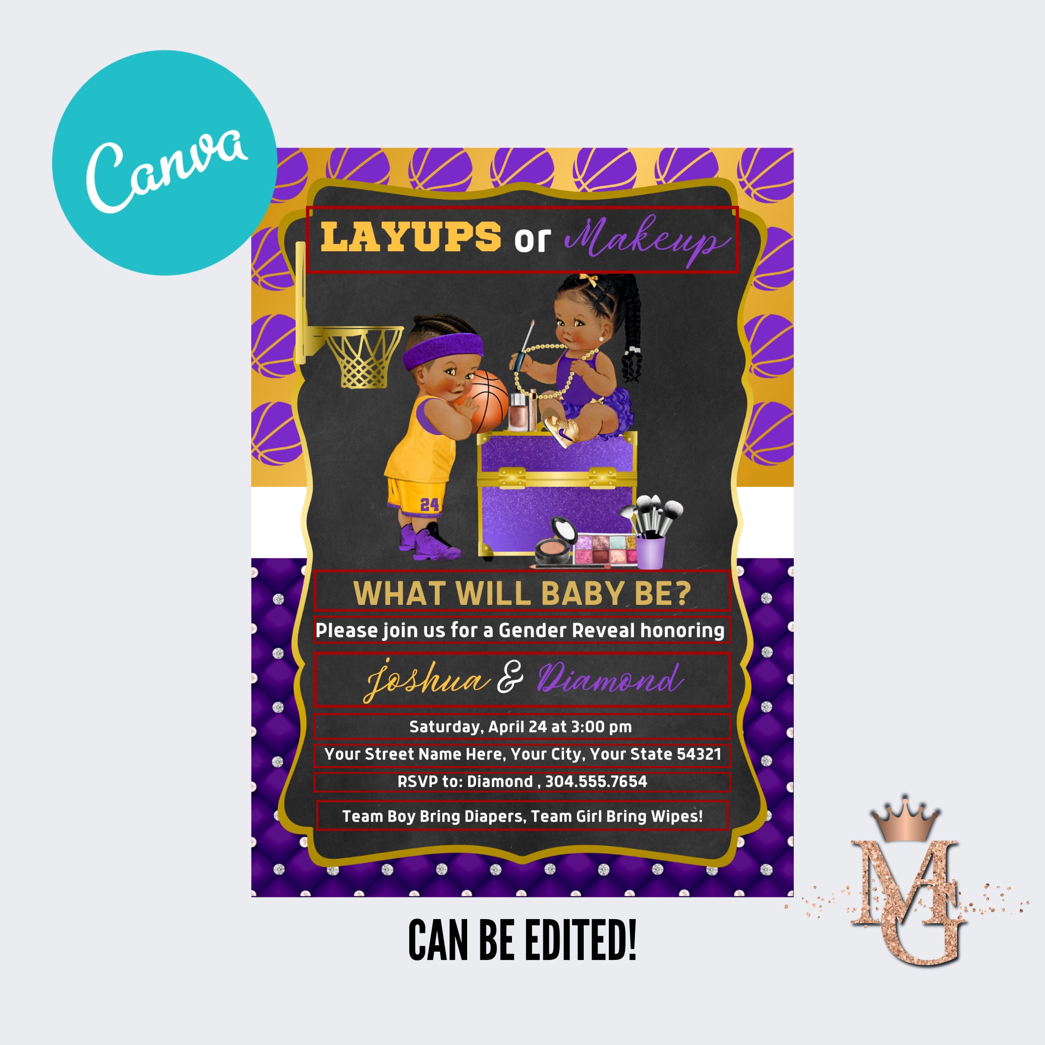 Layup or Makeup Gender Reveal Invitation: Purple & Gold Canva Template ...