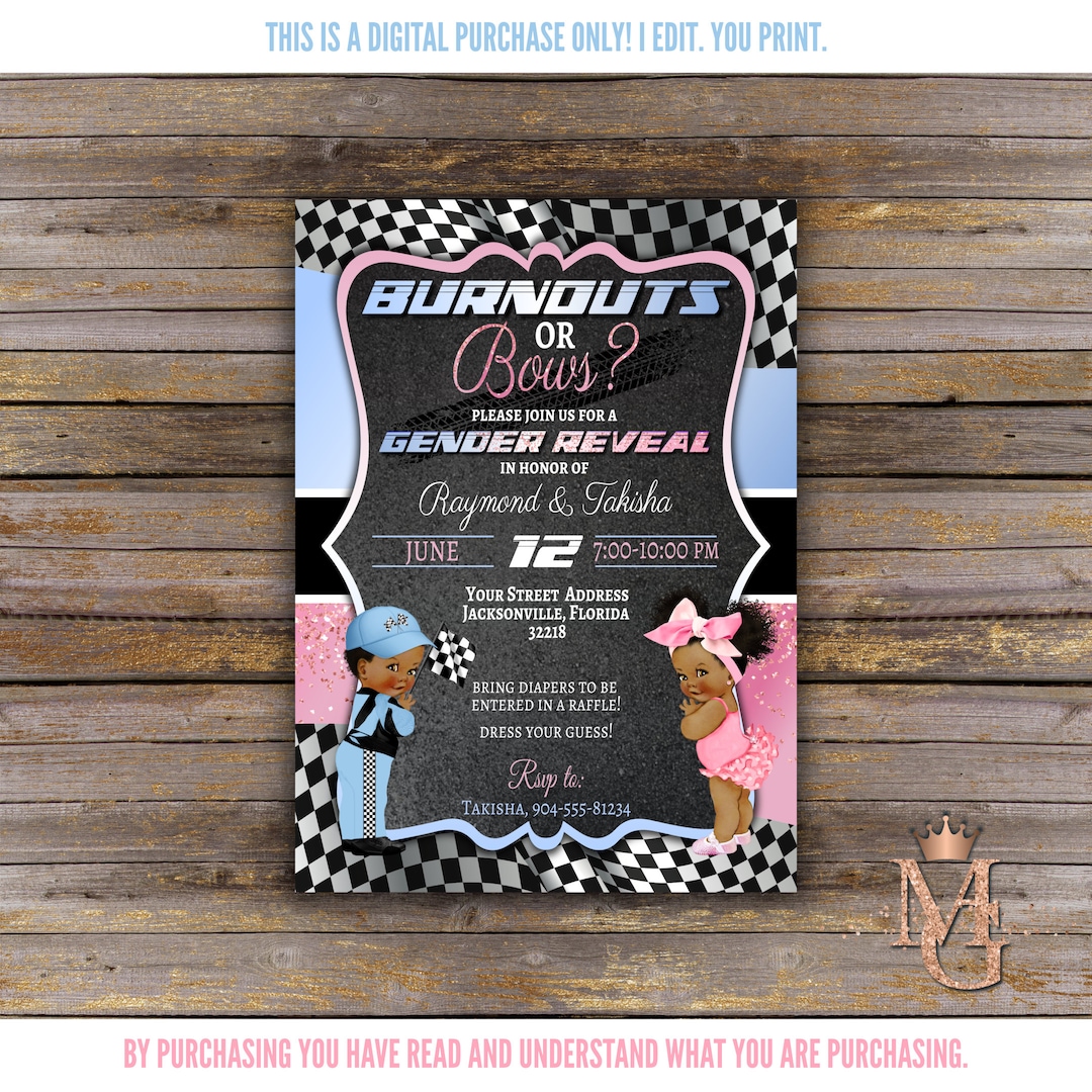 Burnouts Or Bows Gender Reveal Invitation Light Blue And Pink Etsy