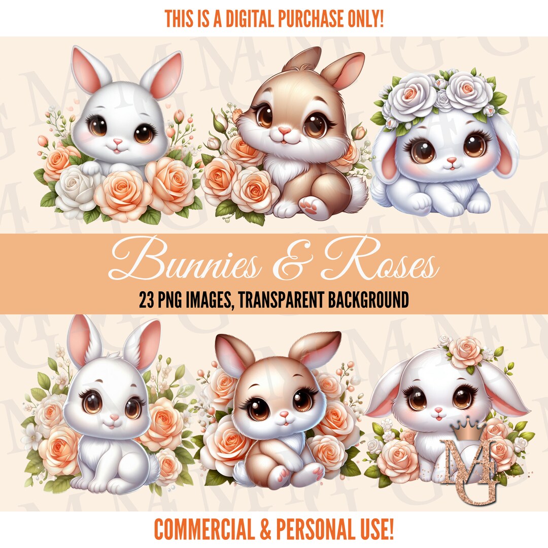 Baby Bunnies Clipart Set, Floral Clipart, 23 PNG Images, Light Orange ...