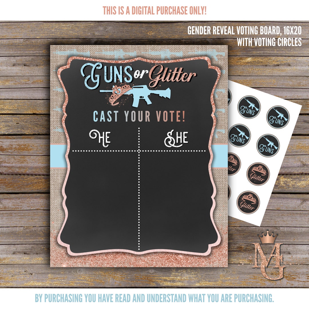 Guns or Glitter Gender Reveal Vote Board! Rose Gold and Light Blue ...