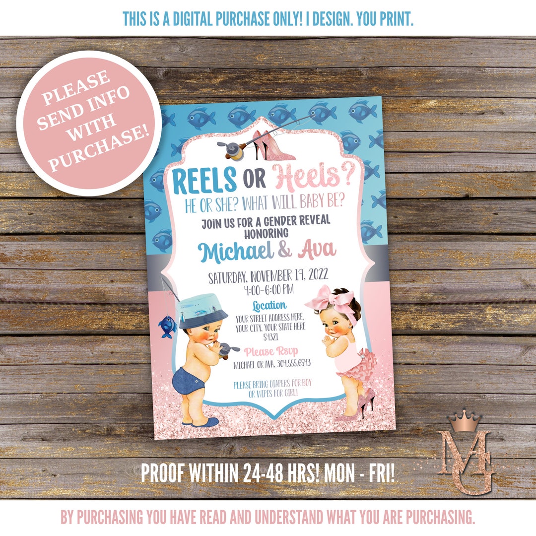 Reels or Heels Gender Reveal Invitation: Fishing Theme (digital ...