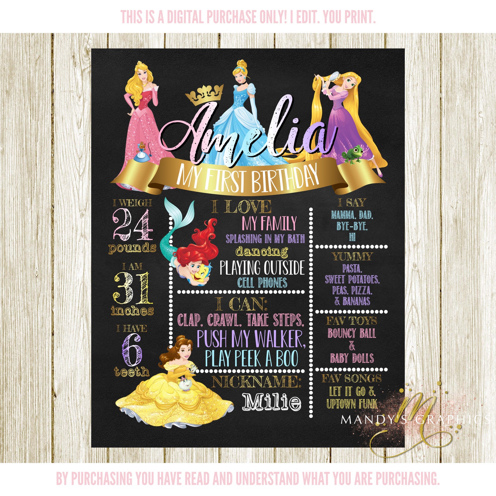 First Birthday Disney Princess Birthday Board Sign | Etsy