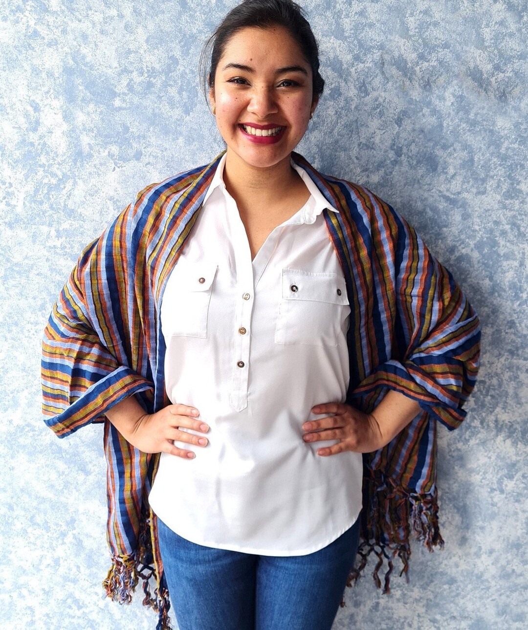 Women Medium Weight GUATEMALAN COTTON Indigo SCARF Wrap Artisans Wear ...