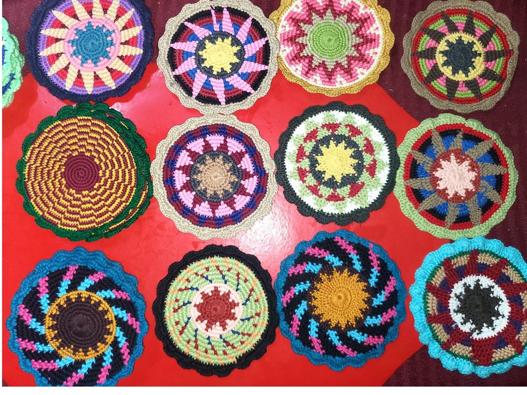 Cotton Crocheted Textile Handmade Coaster -ROUND MULTICOLOR COASTER- - Etsy