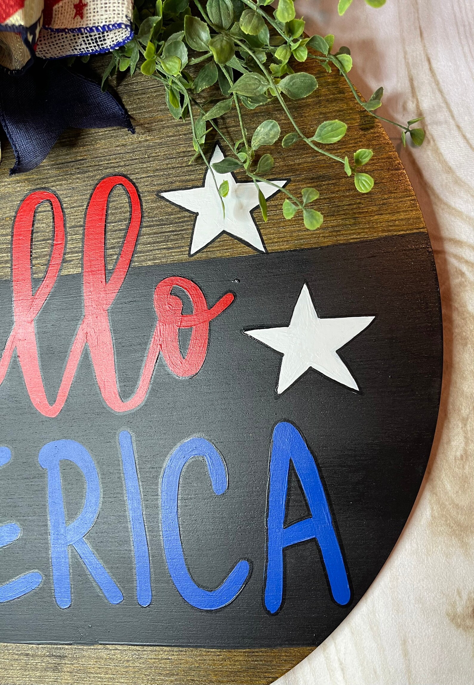 Hello America Round Patriotic Wood Door Hanger - Etsy