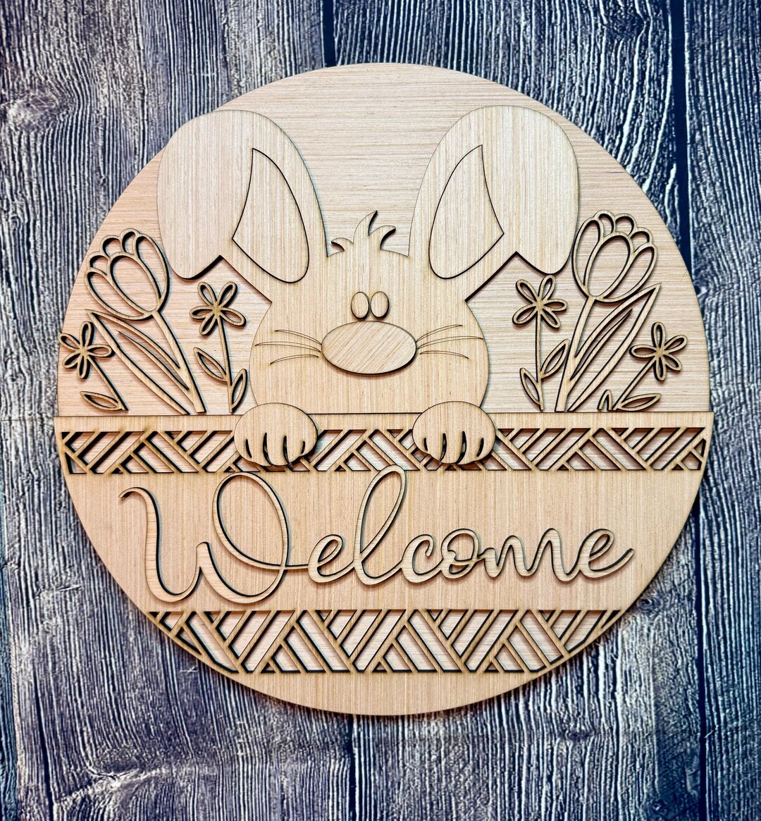 Floral Bunny Welcome Wood Door Hanger Blank | Spring Door Hanger ...