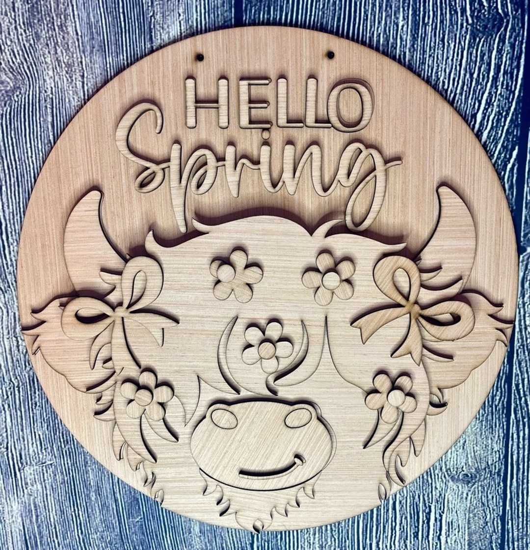 Highland Cow Hello Spring Summer Door Hanger Blank | Summer Door ...