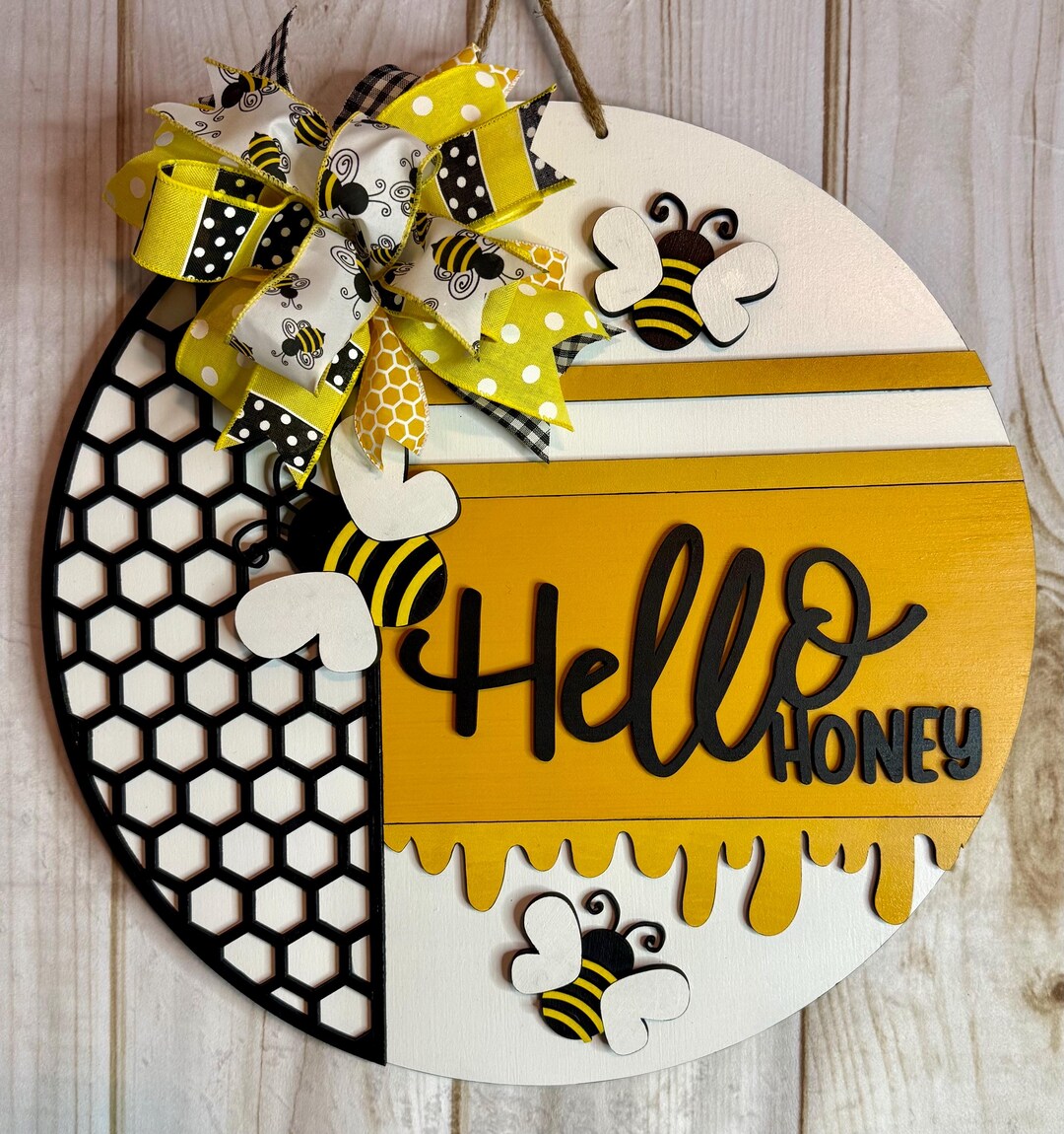 Hello Honey Wood Door Hanger | Honey Bees Sign | Spring Door Hanger ...
