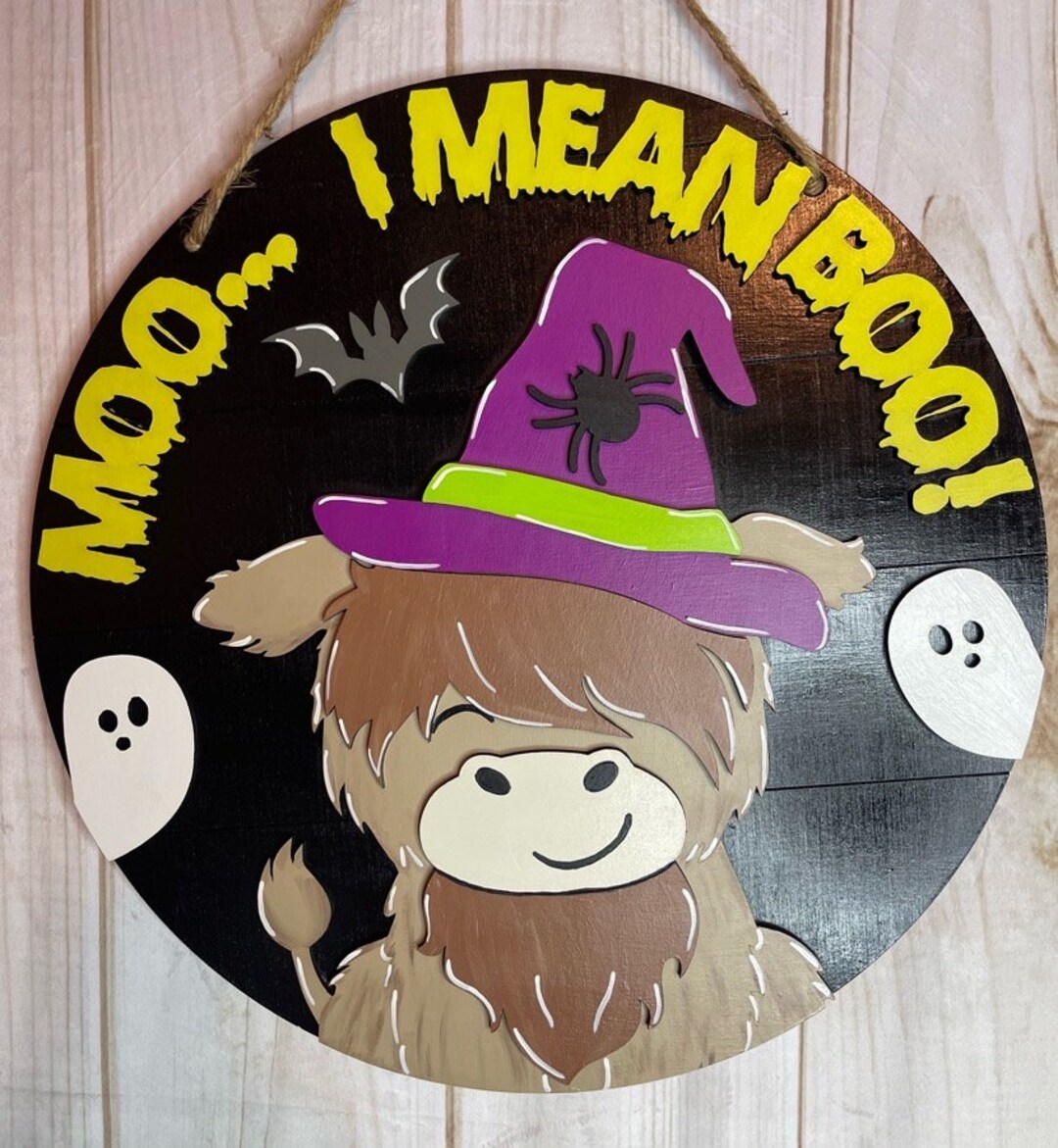 Highland Cow Halloween Wood Door Hanger | Moo I Mean Boo | Halloween ...