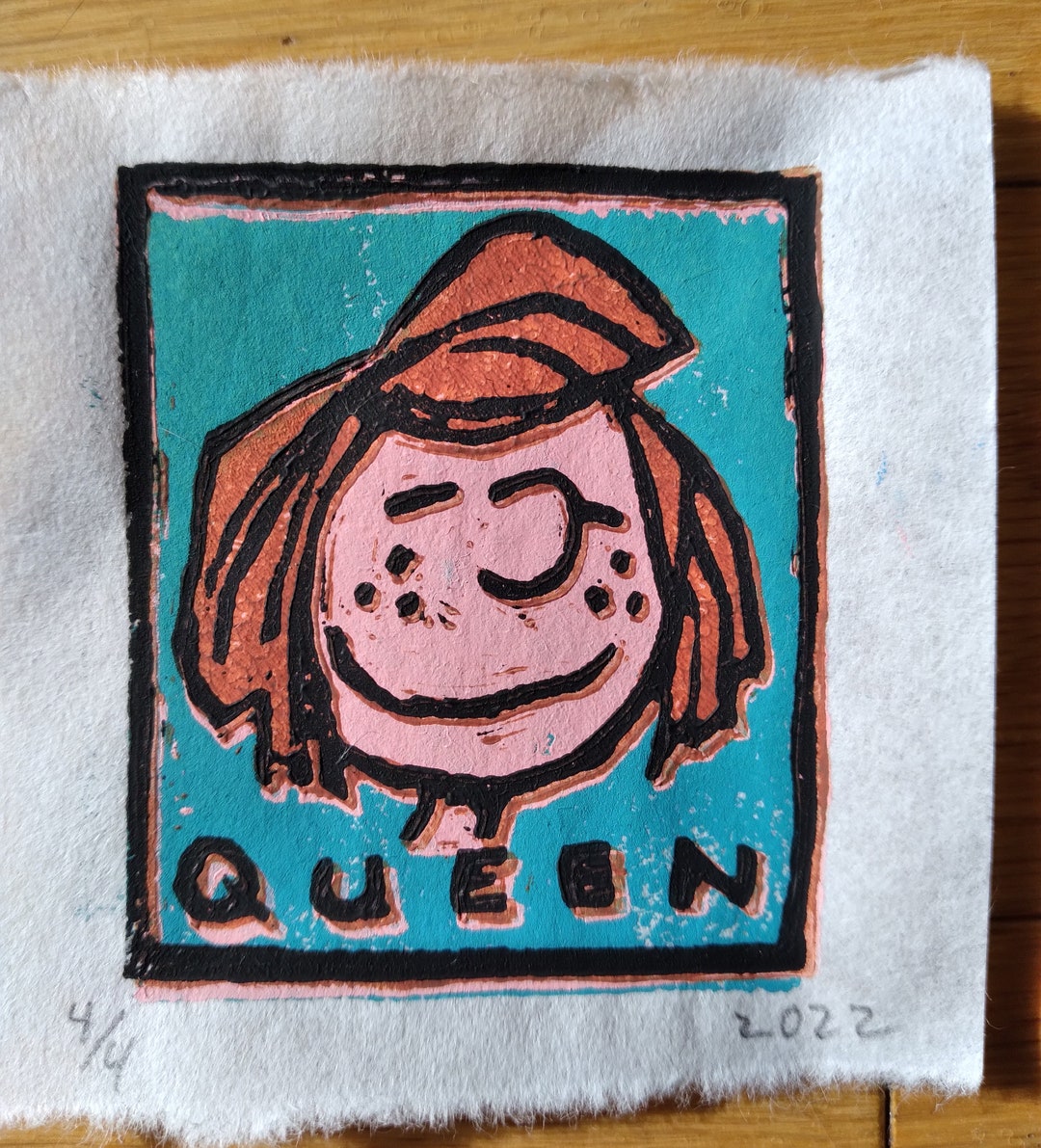 Queen Patricia Mini-print, Four Layer Reduction Linoprint on 3-inch by ...