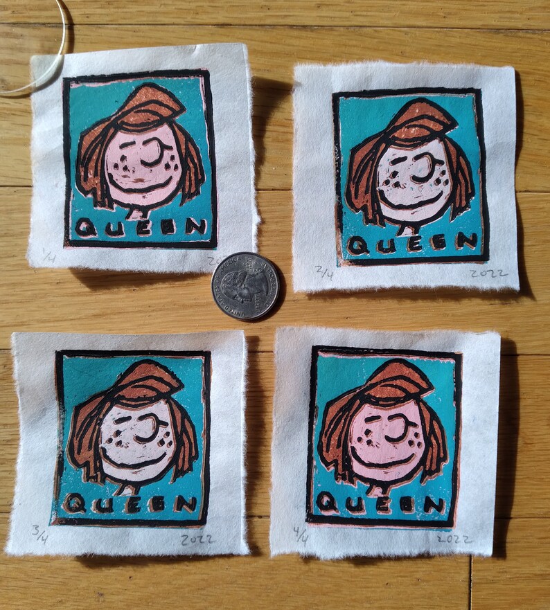 Queen Patricia Mini-print, Four Layer Reduction Linoprint on 3-inch by ...