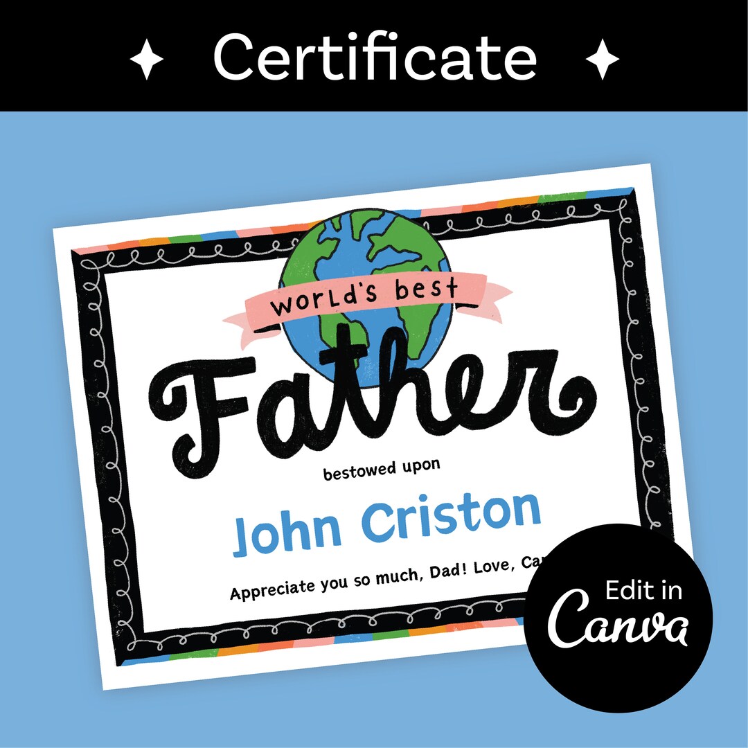 World's Best Father Certificate Digital Download | Edit in Canva | Easy ...