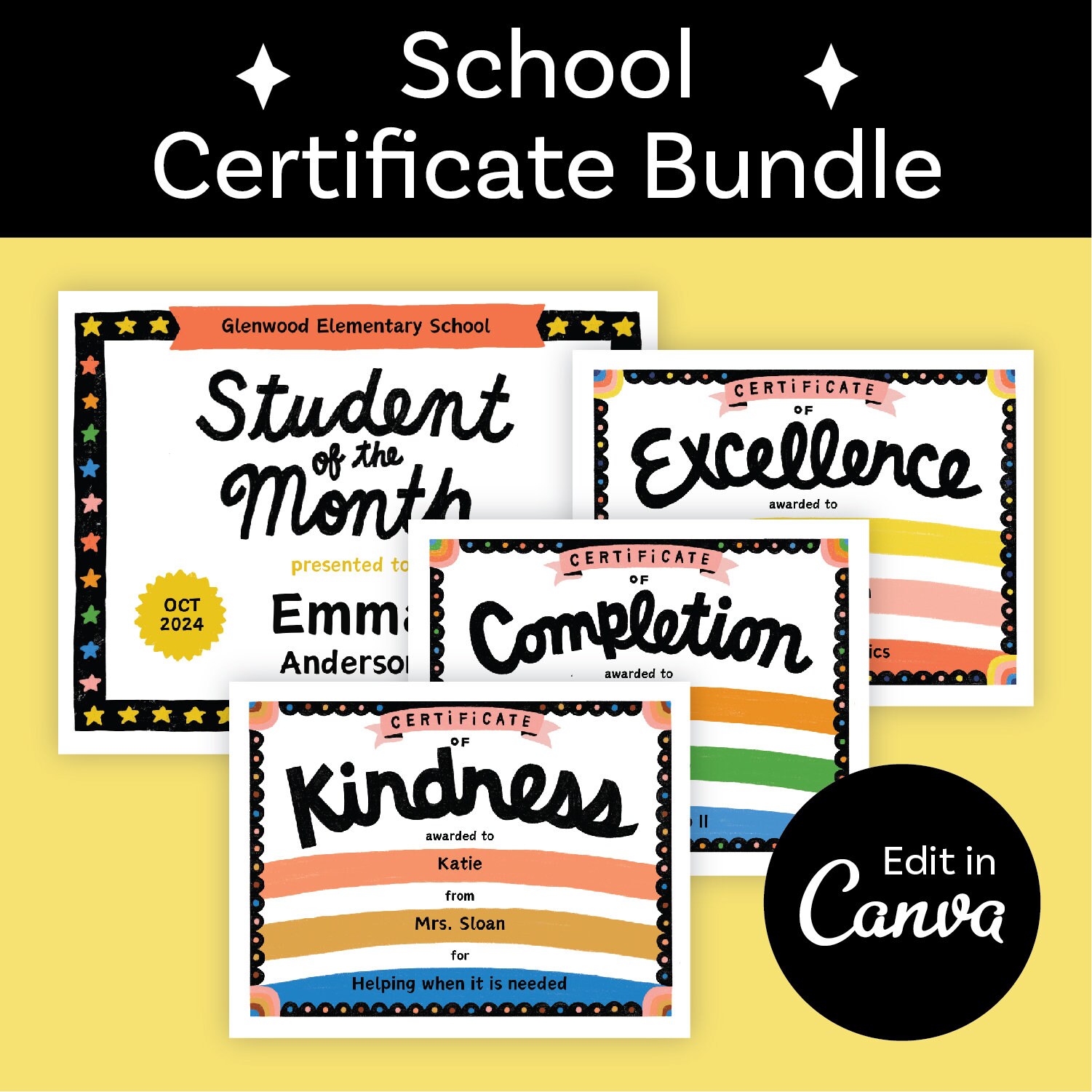 Editable School Certificate Bundle: Kindness, Excellence, Completion ...