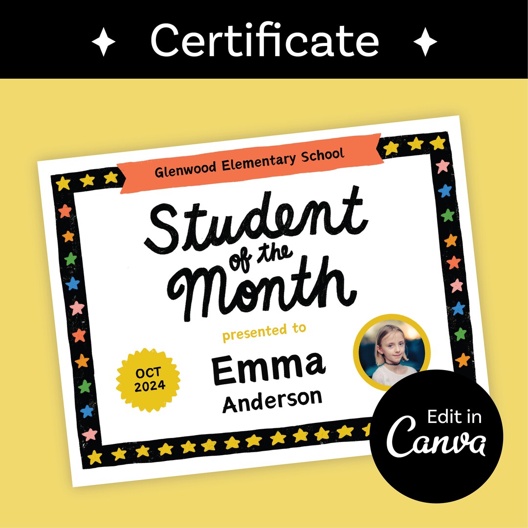Student of the Month Certificate Award Colorful Digital Download | Edit ...