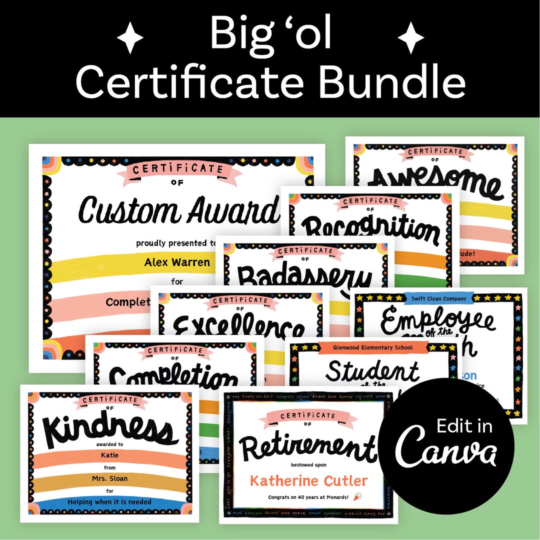 Custom Certificate Templates Bundle: Editable Award Certificates (canva ...
