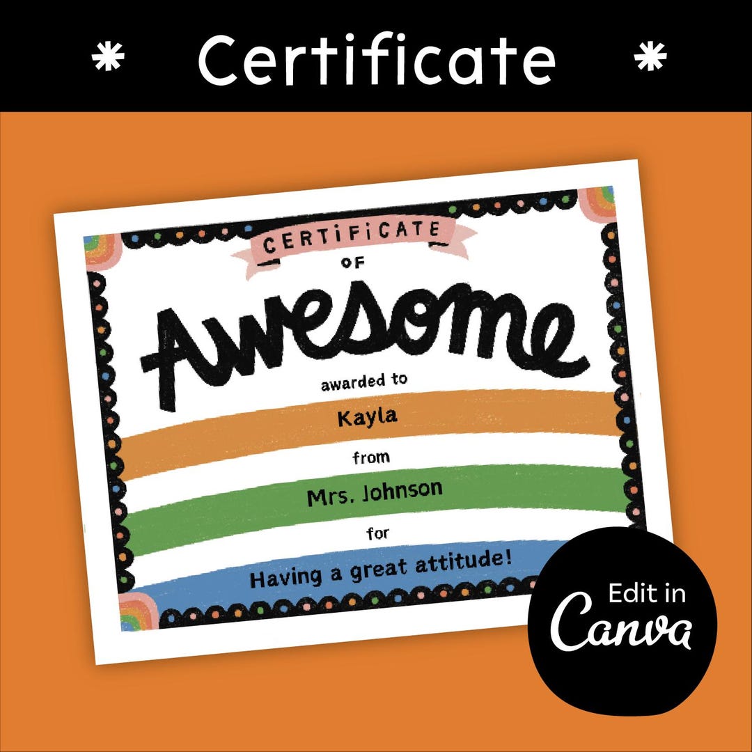 Certificate of Awesome Award Colorful Digital Download | Edit in Canva ...