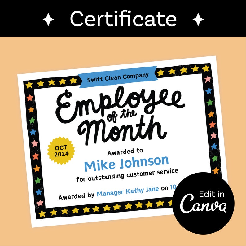 Employee of the Month Certificate Template: Easy Award (canva Digital ...