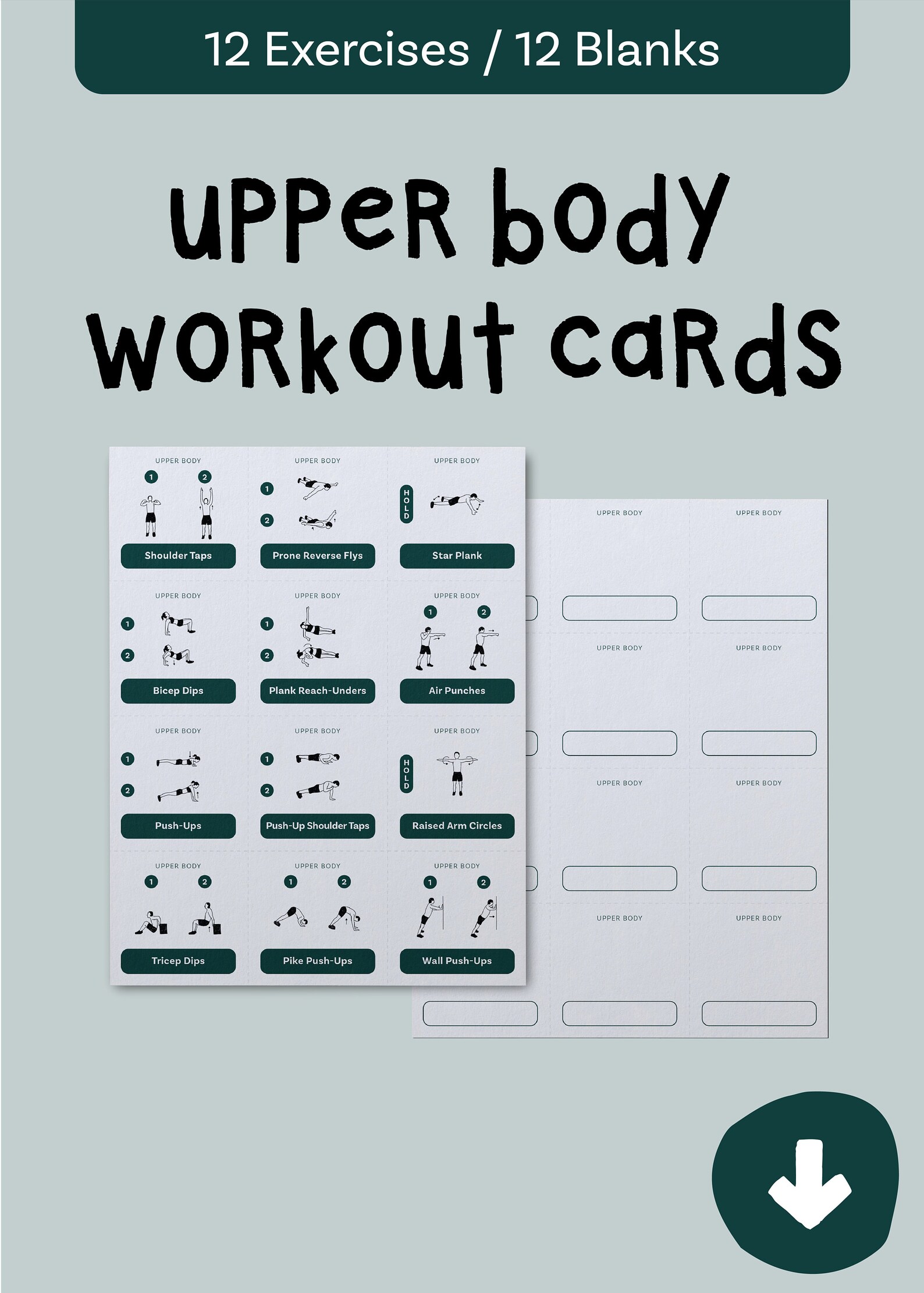 No Equipment UPPER BODY Workout Cards Digital Download PDF Cut-apart ...