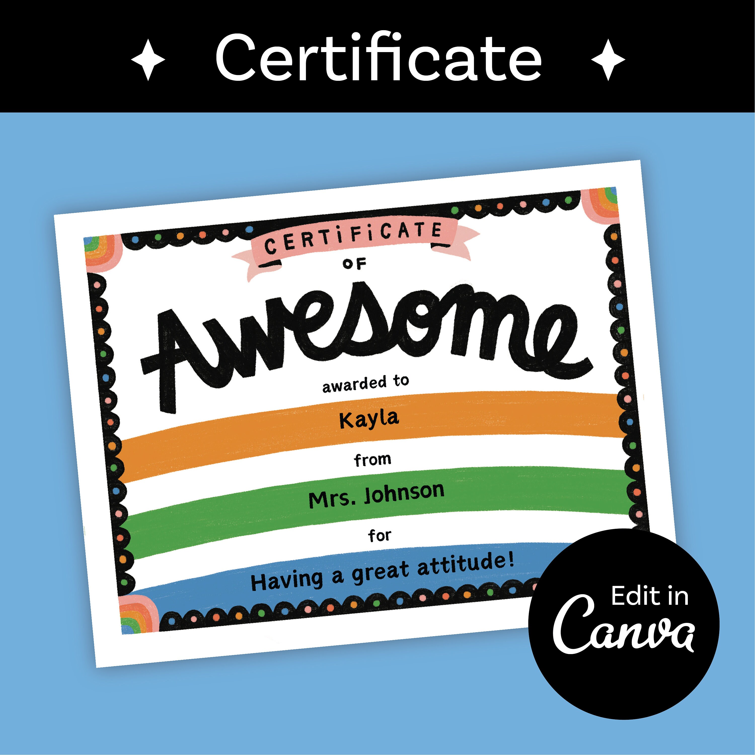 Certificate of Awesome Award Colorful Digital Download Edit in Canva ...