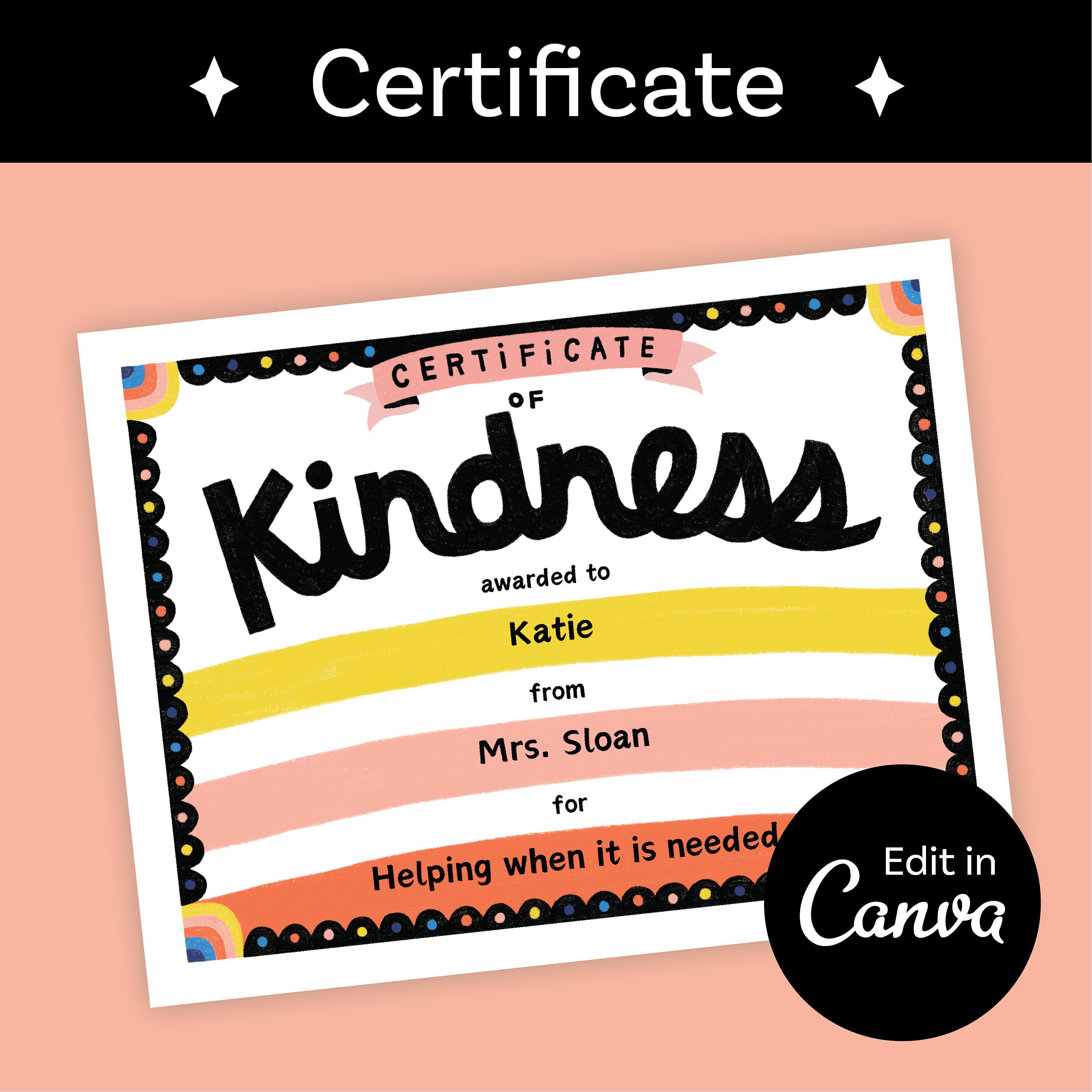 Kindness Certificate of Digital Download | Edit in Canva | Personalized ...