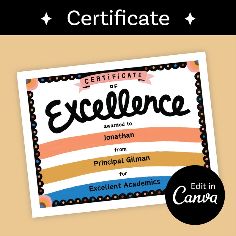Certificate of Excellence Digital Download | Edit in Canva | School ...