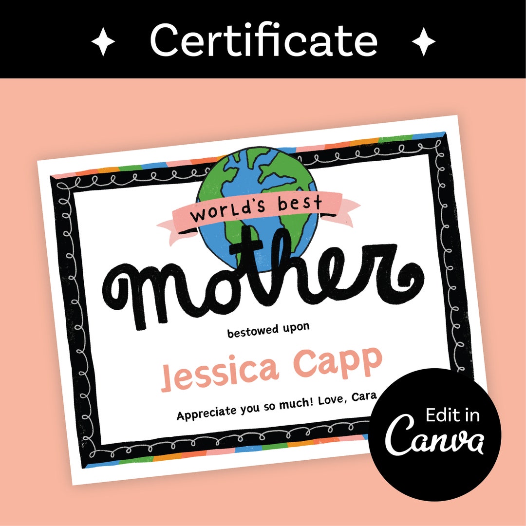 World's Best Mother Certificate Digital Download | Edit in Canva | Easy ...