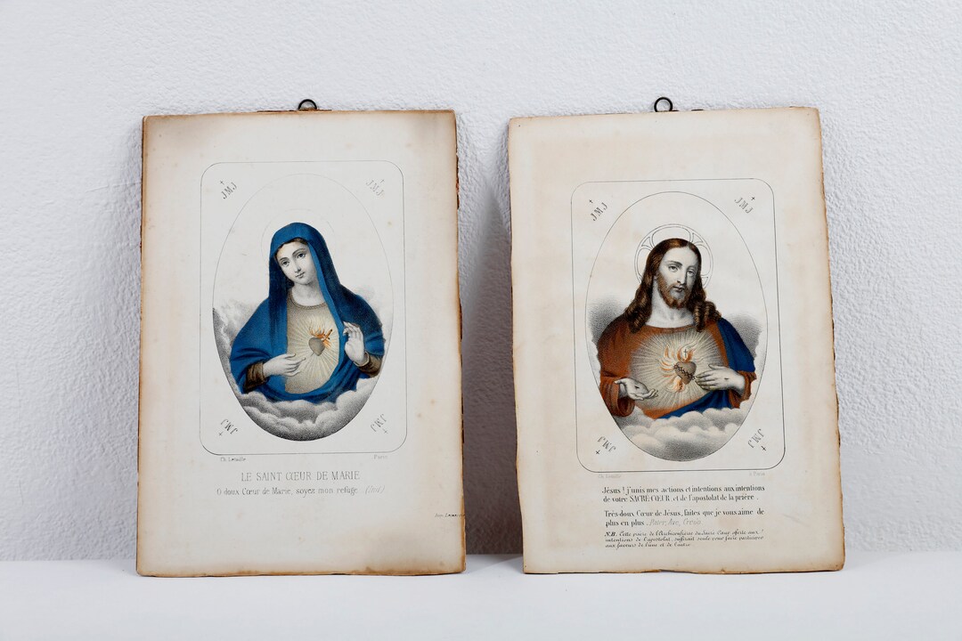 2 Religious Lithographs, 1 of the Holy Heart of Mary and 1 of Jesus ...
