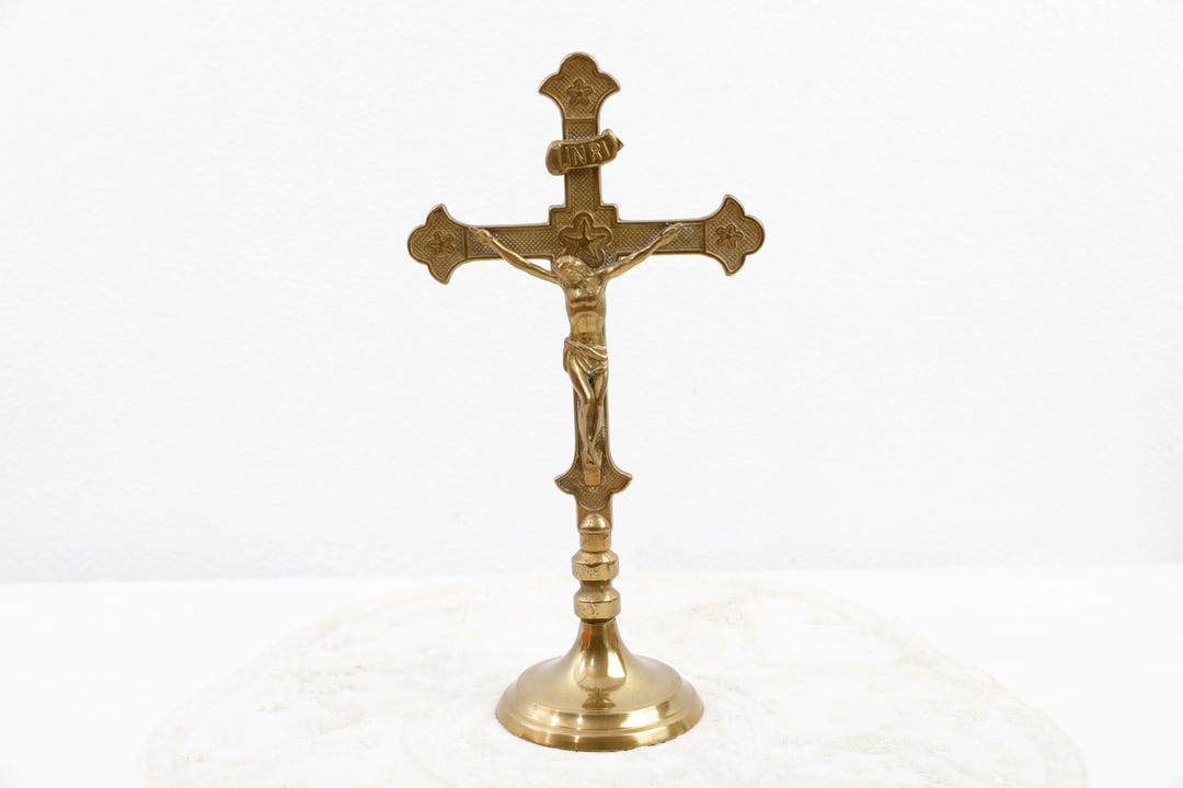 Standing Crucifix Brass With Jesus and INRI Sign and Flowers on the ...